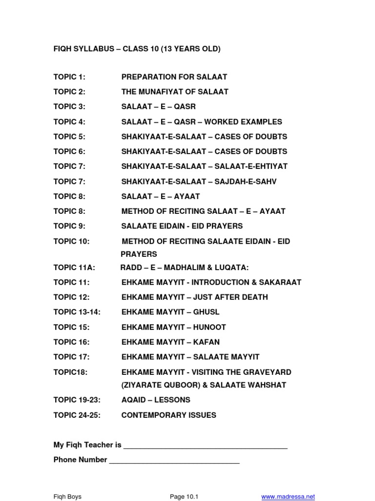 010B. Fiqh Syllabus - Class 10 | PDF | Prayer | Monotheistic Religions