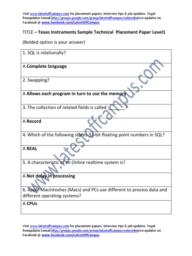 Texas Instruments Sample Technical Placement Paper Level1 | PDF | Databases | Operating System