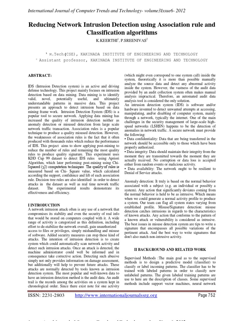 Reducing Network Intrusion Detection Using Association Rule and Classification Algorithms | PDF ...
