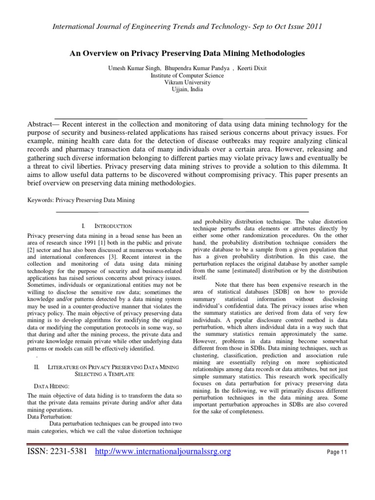 An Overview On Privacy Preserving Data Mining Methodologies | PDF | Public Key Cryptography ...