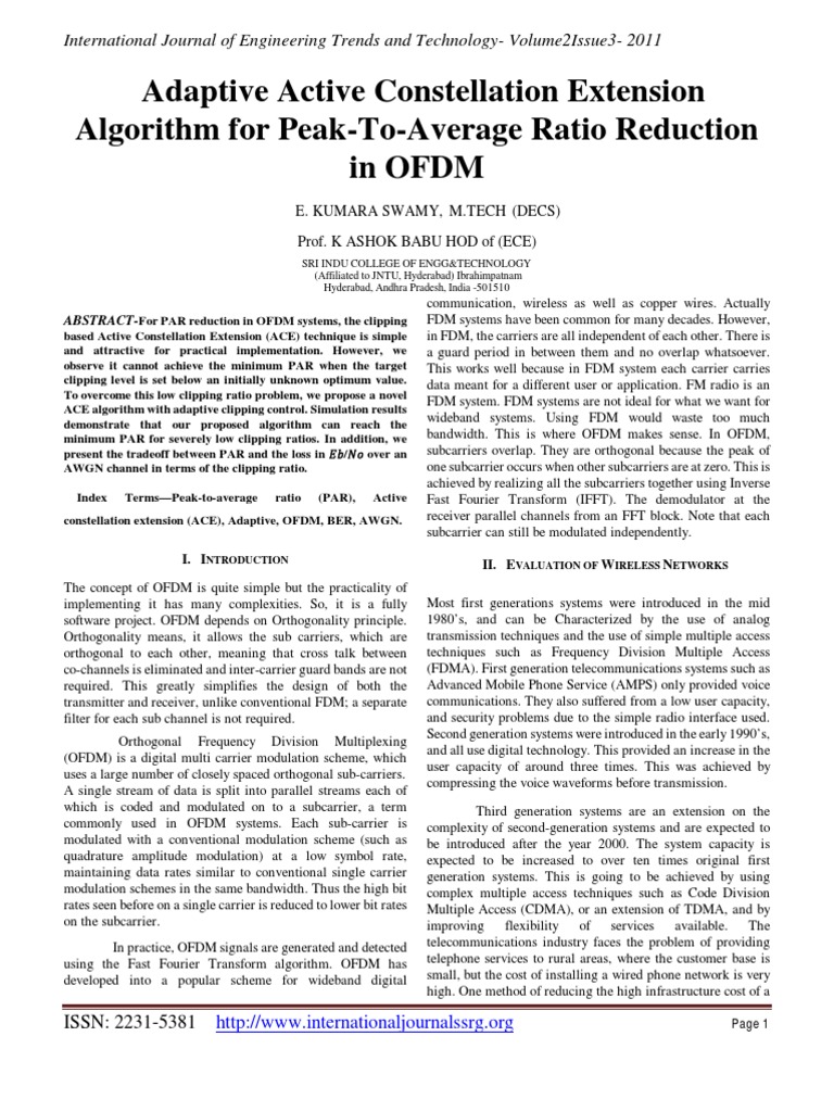 Adaptive Active Constellation Extension Algorithm For Peak-To-Average Ratio Reduction in Ofdm ...