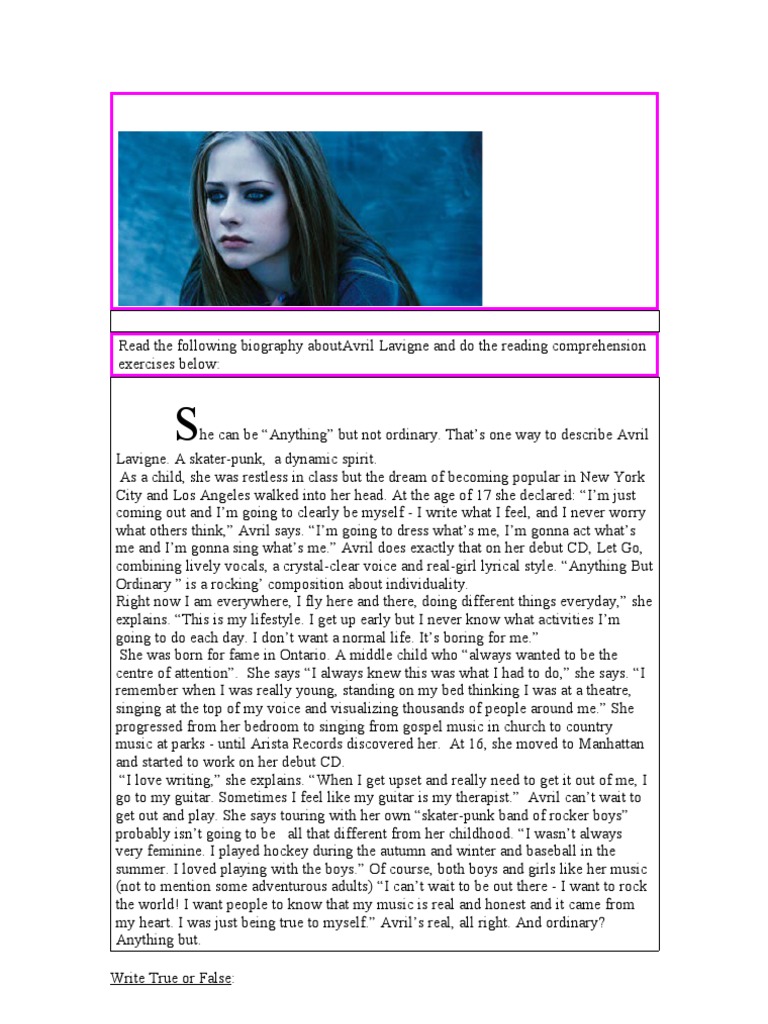 Avril Lavigne Reading Comprehension | PDF | Recorded Music | Music Industry