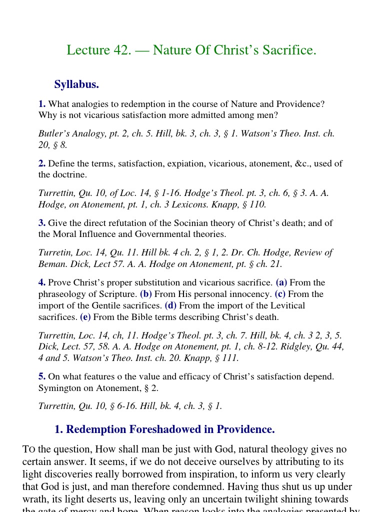 Lecture 42. - Nature of Christ's Sacrifice.: Syllabus | PDF | Justification (Theology) | Jesus