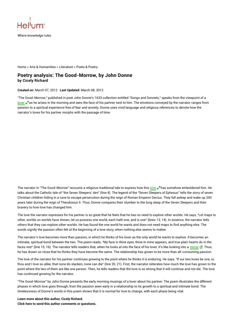 John Donne The Good Morrow Poetry | PDF | Poetry | Religion And Belief