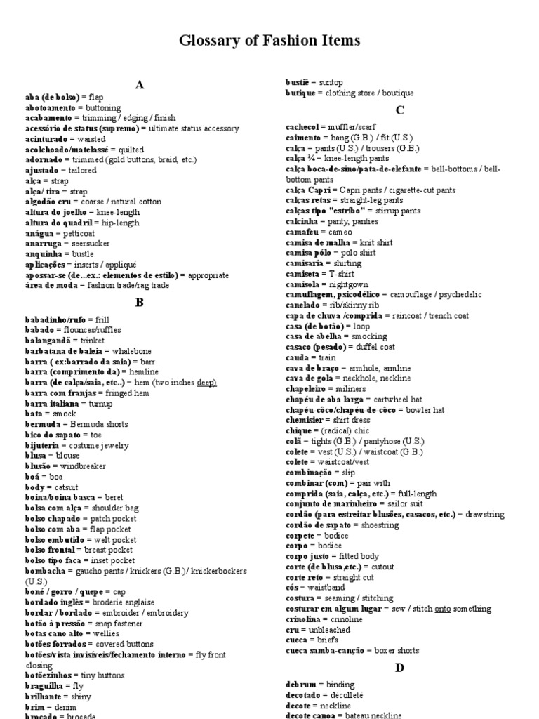 Glossary of Fashion Items | PDF | Tenente | Calças