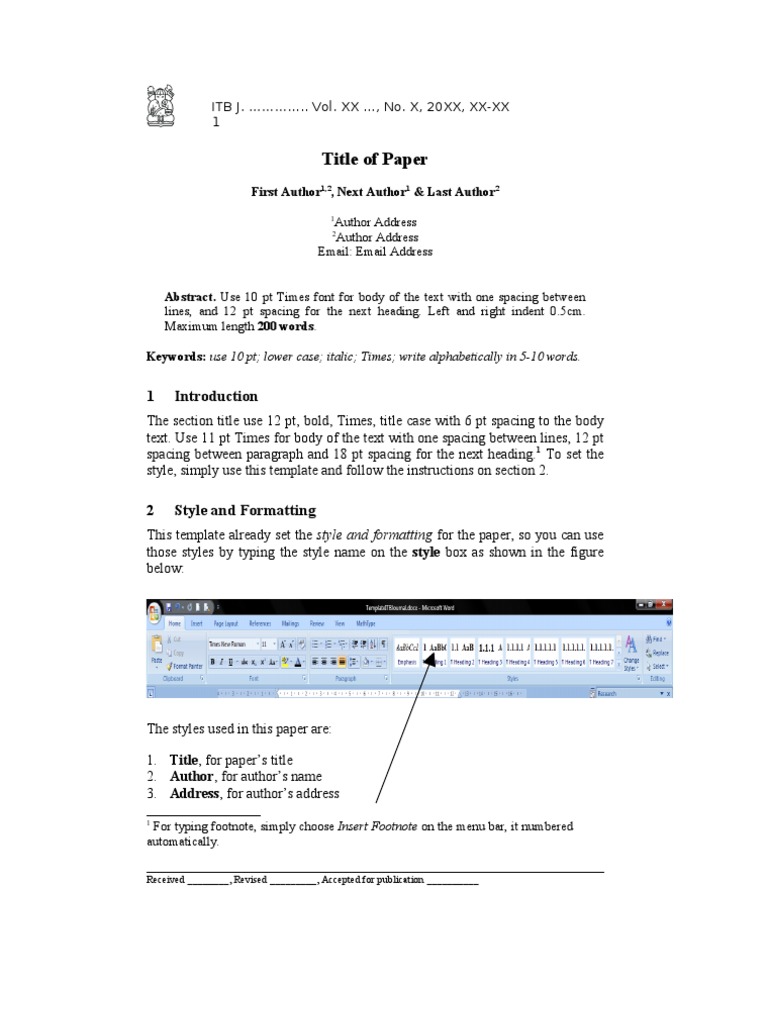 Style and Formatting Guidelines for Papers Submitted to ITB Journal ...