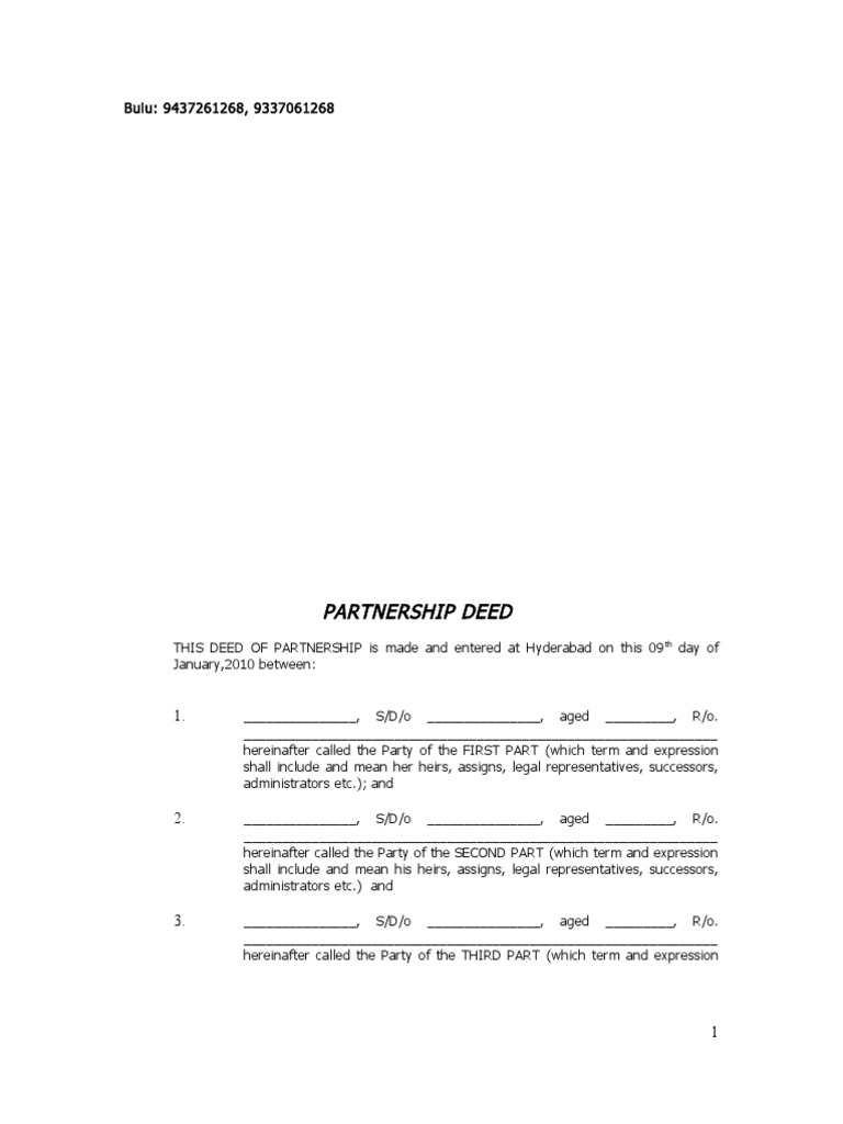 Indian Partnership Deed Format | Partnership | Deed