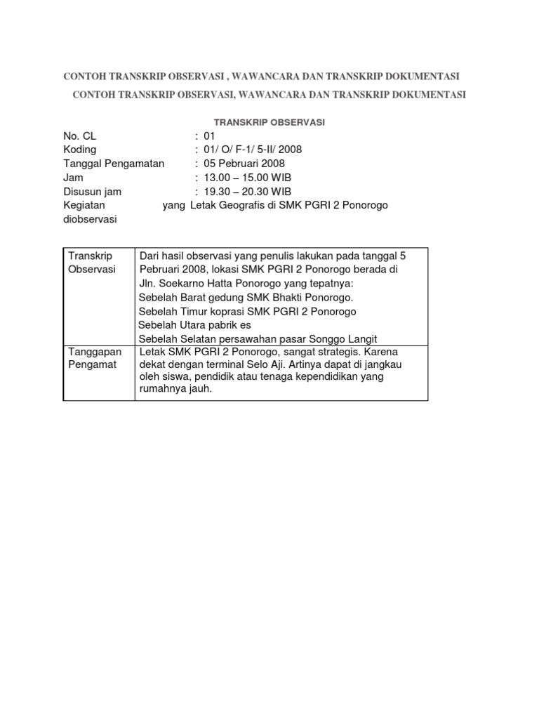 Contoh Transkrip Observasi | PDF