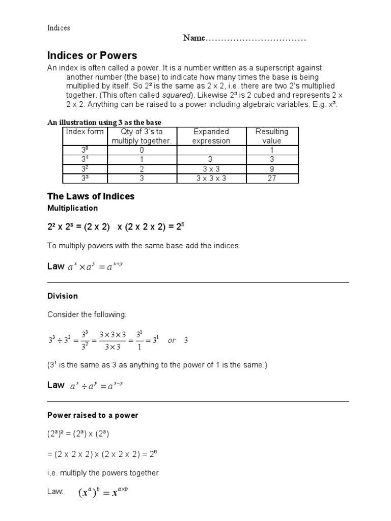 Laws of Indices | PDF | Multiplication | Exponentiation