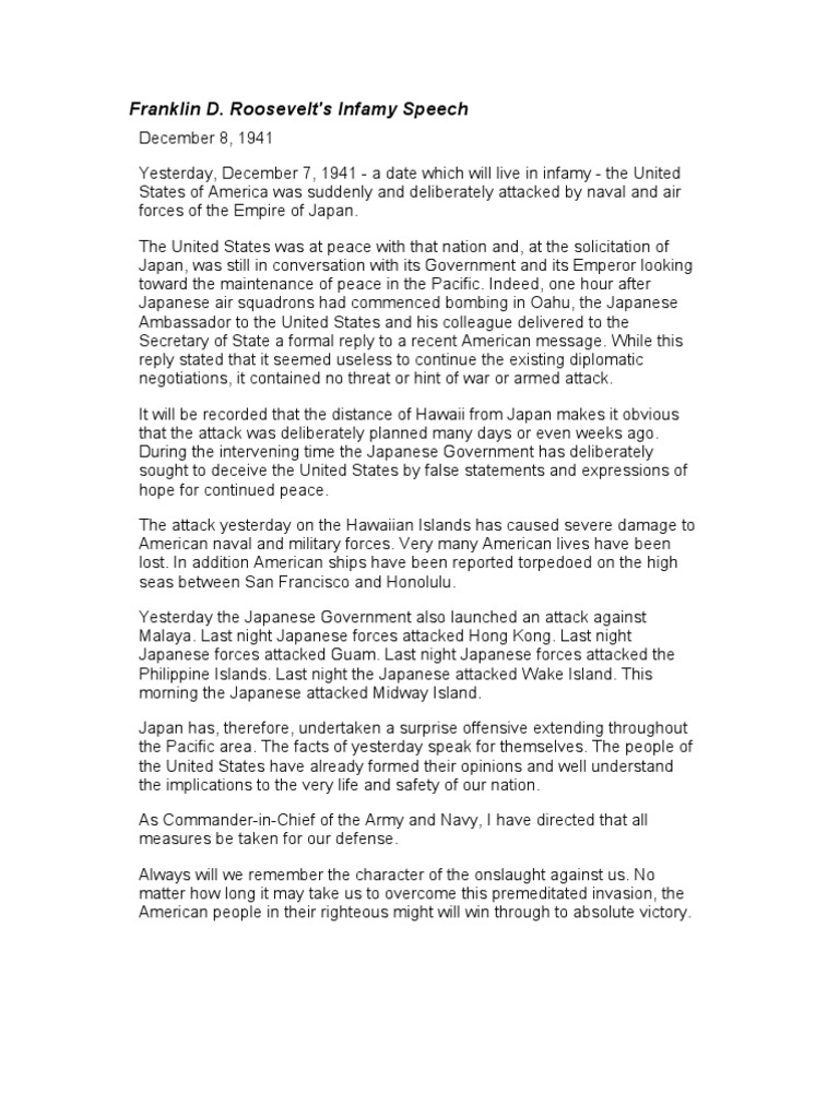 Franklin D. Roosevelt Response To Pearl Harbor | PDF | Empire Of Japan ...