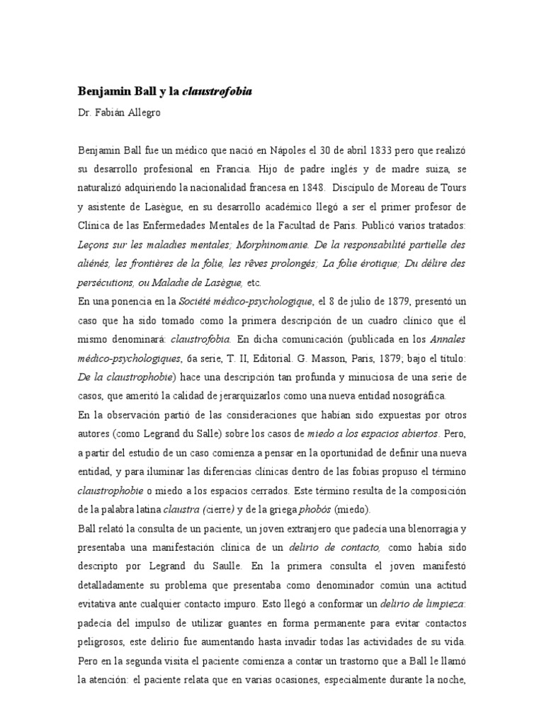 Benjamin Ball y la claustrofobia | PDF | Psicología anormal ...