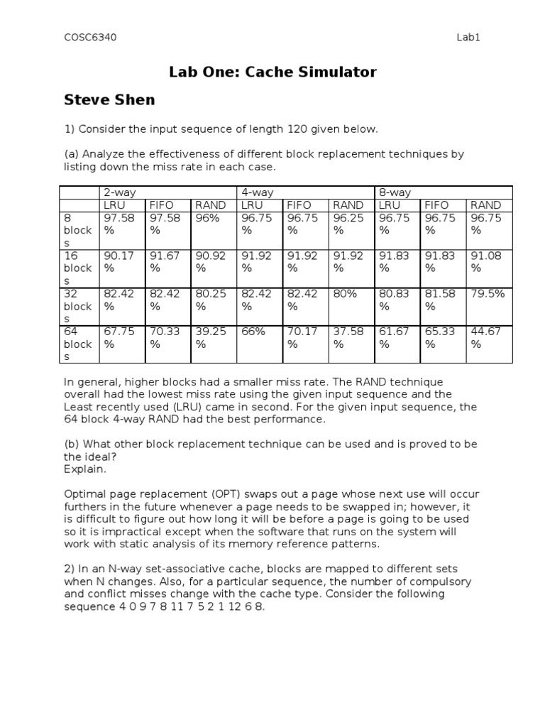 Lab One: Cache Simulator Steve Shen | PDF | Cpu Cache | Sequence