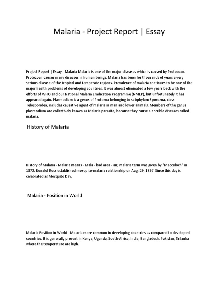 Malaria - Project Report - Essay | PDF | Malaria | Plasmodium