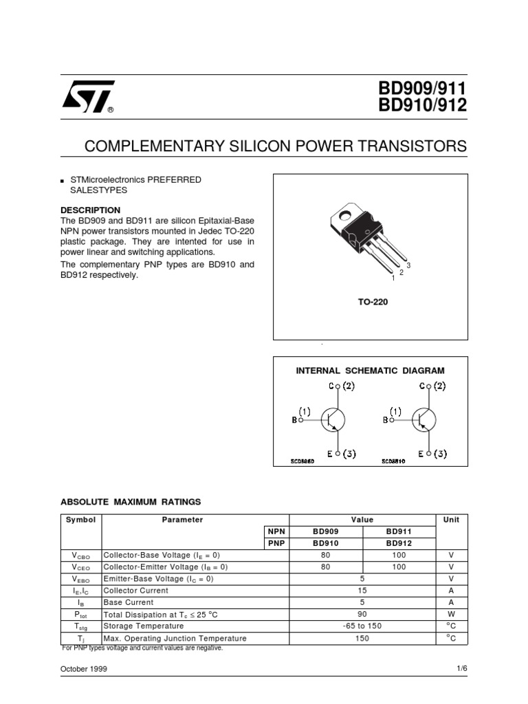 Complementary Silicon Power Transistors: BD909/911 BD910/912 | Download Free PDF | Bipolar ...