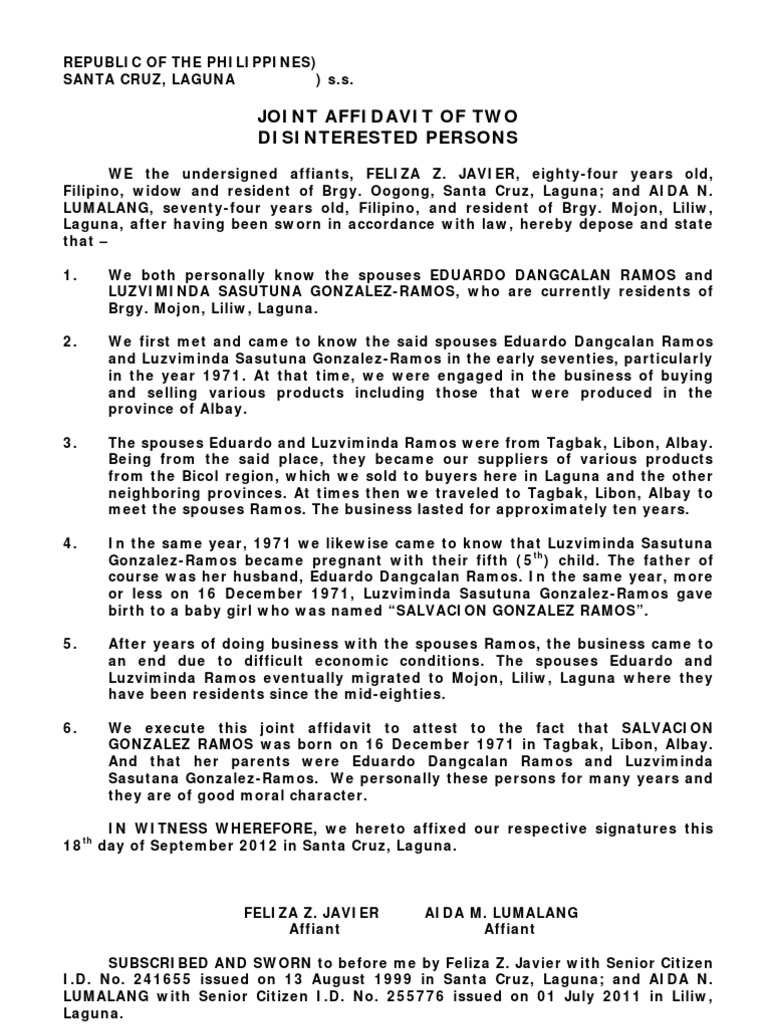 Affidavit of Two Disinterested Persons | PDF | Affidavit | Government ...