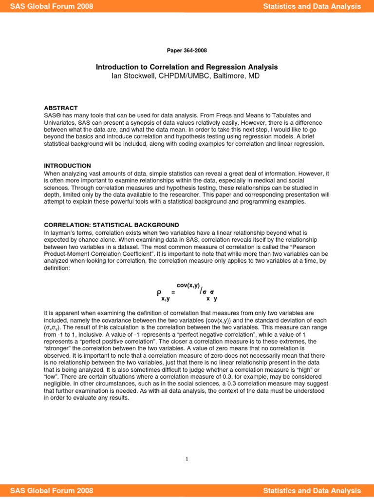 Introduction To Correlation and Regression Analysis: Ian Stockwell, CHPDM/UMBC, Baltimore, MD ...