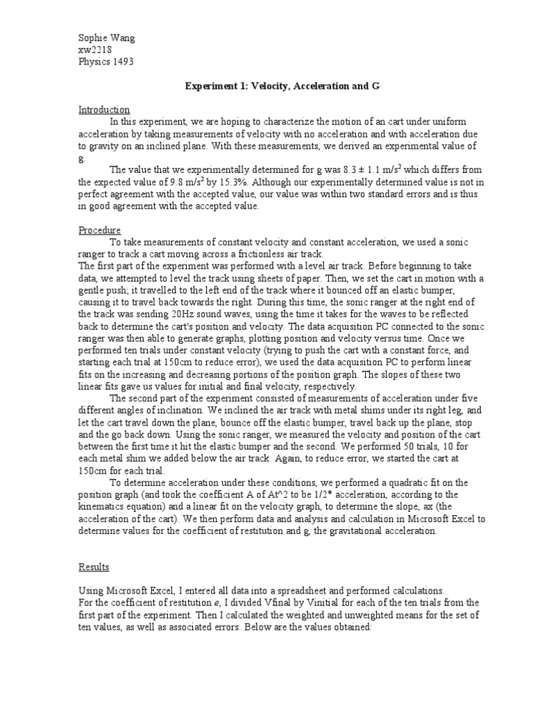 Experiment 1 Physics Lab Pdf Acceleration Collision