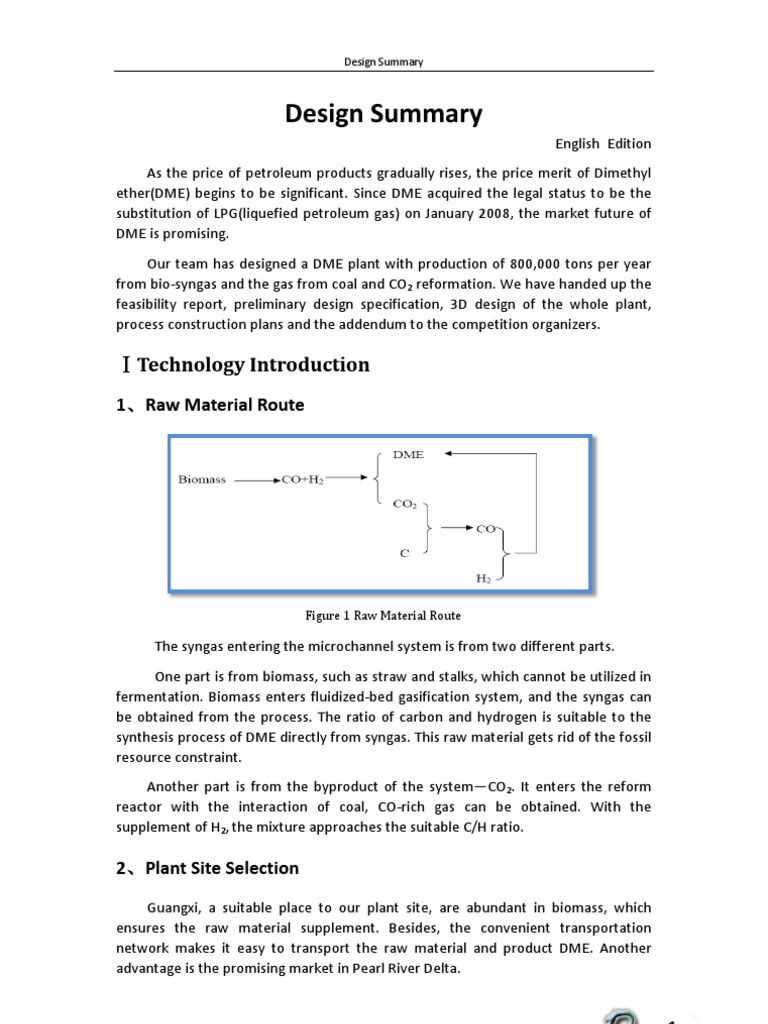 DME Plant Design Summary and Feasibility | PDF | Carbon Dioxide | Phase ...