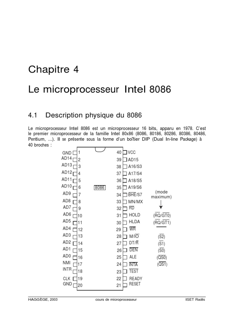 Microprocesseur Intel 8086 : Caractéristiques et Signaux | PDF ...