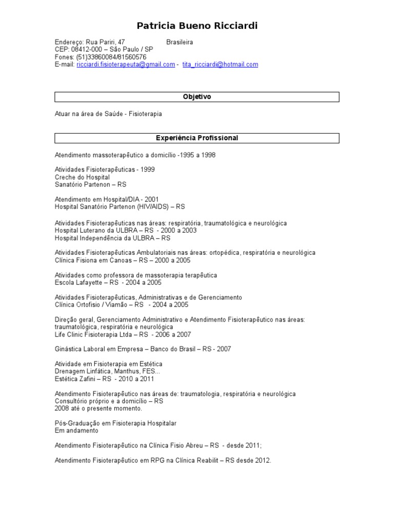 Currículum Vitae | Fisioterapia | Bem-estar | Avaliação gratuita de 30 ...