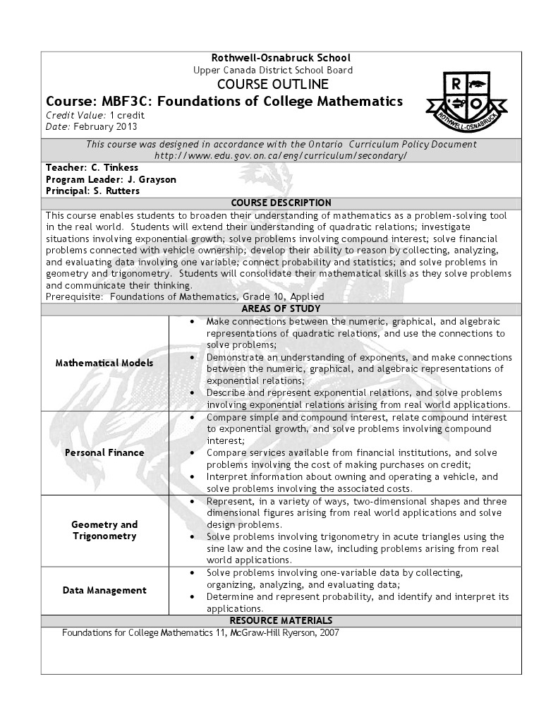 mbf3c Course Outline 2010 | PDF | Educational Assessment | Homework