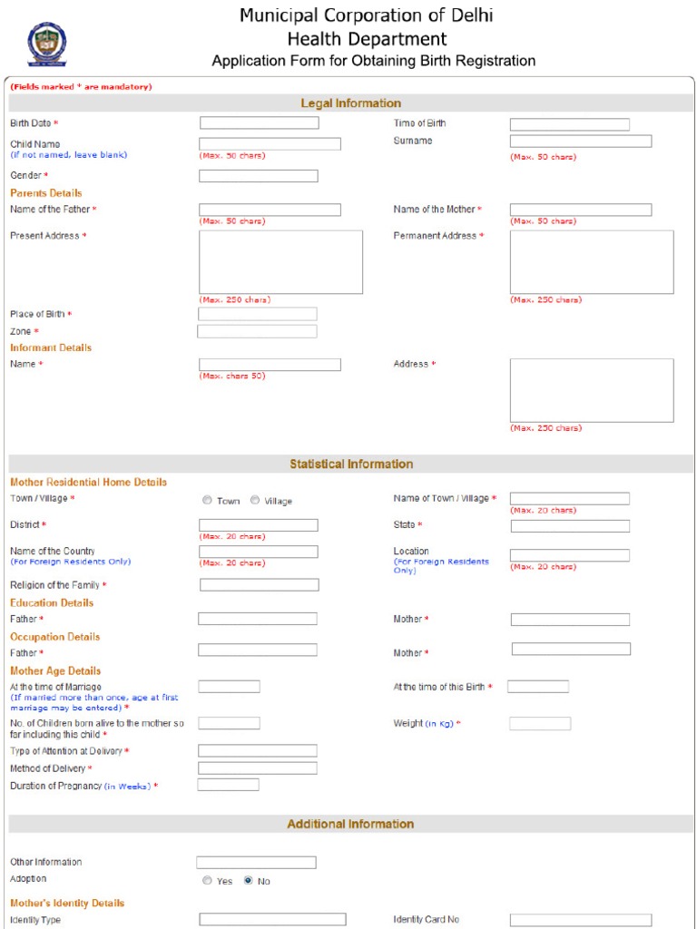 Delhi MCD Birth Registration Form