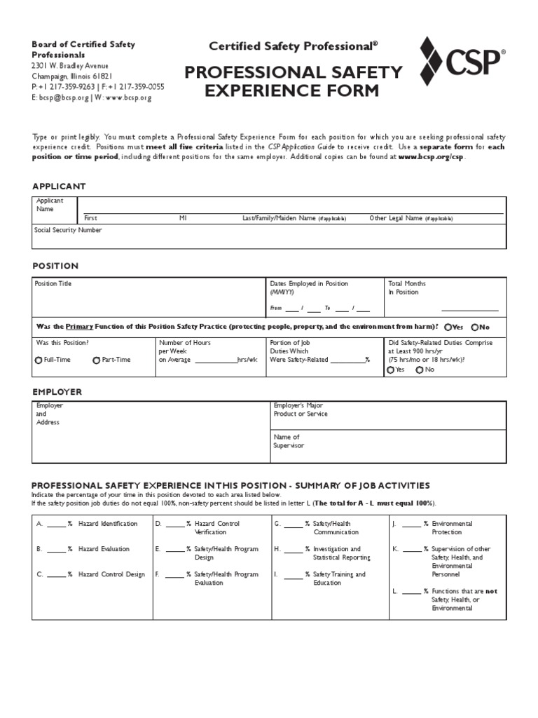 BCSP CSP Experience Form | Safety | Business