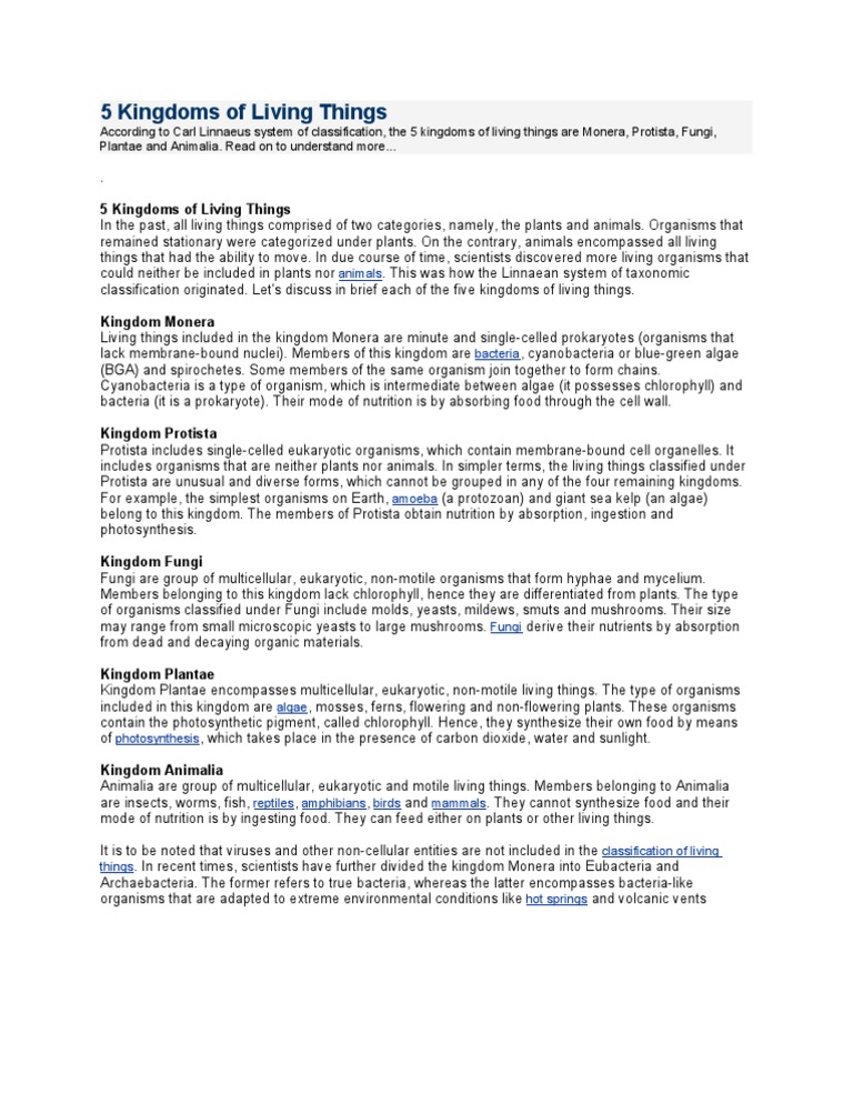 5 Kingdoms of Living Things | PDF | Plants | Life