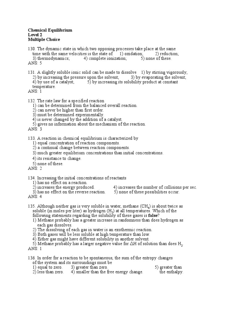Chemical Equilibrium MCQ | PDF | Chemical Equilibrium | Solubility