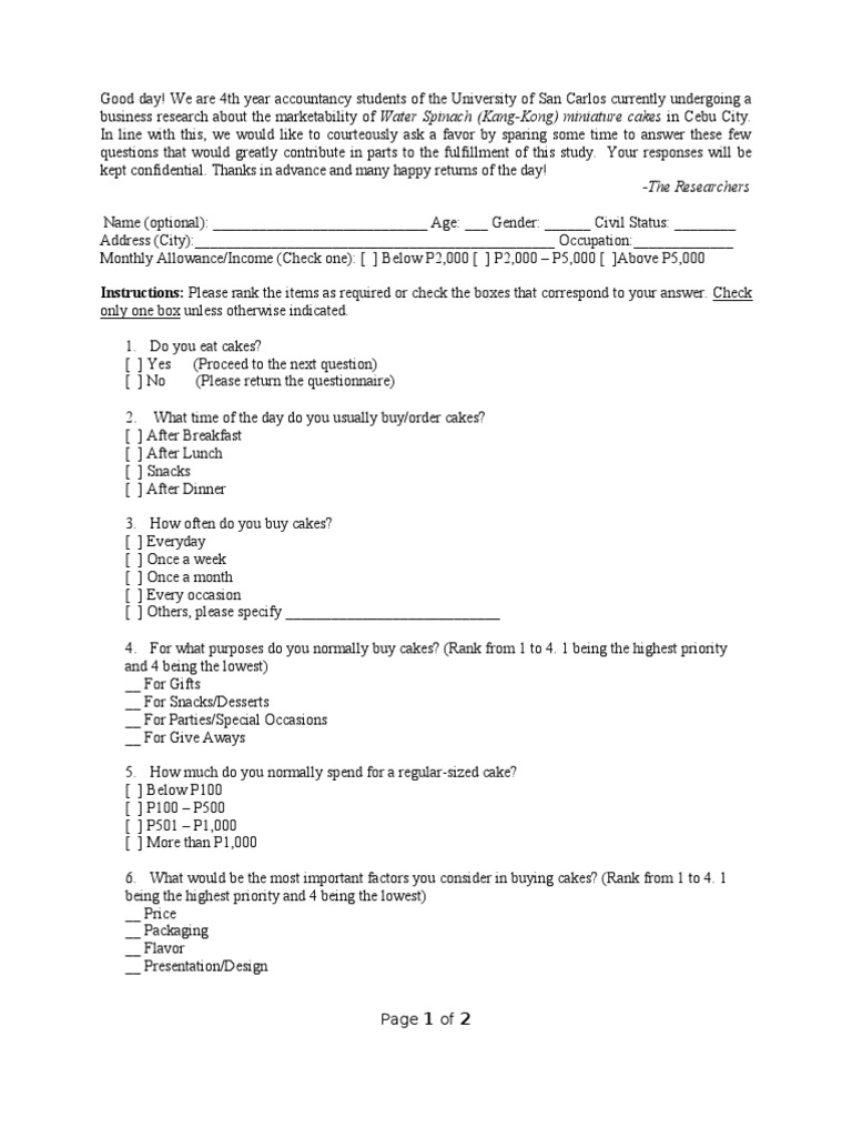 Final Questionnaire - Marketability of Miniature Cakes in Cebu City ...