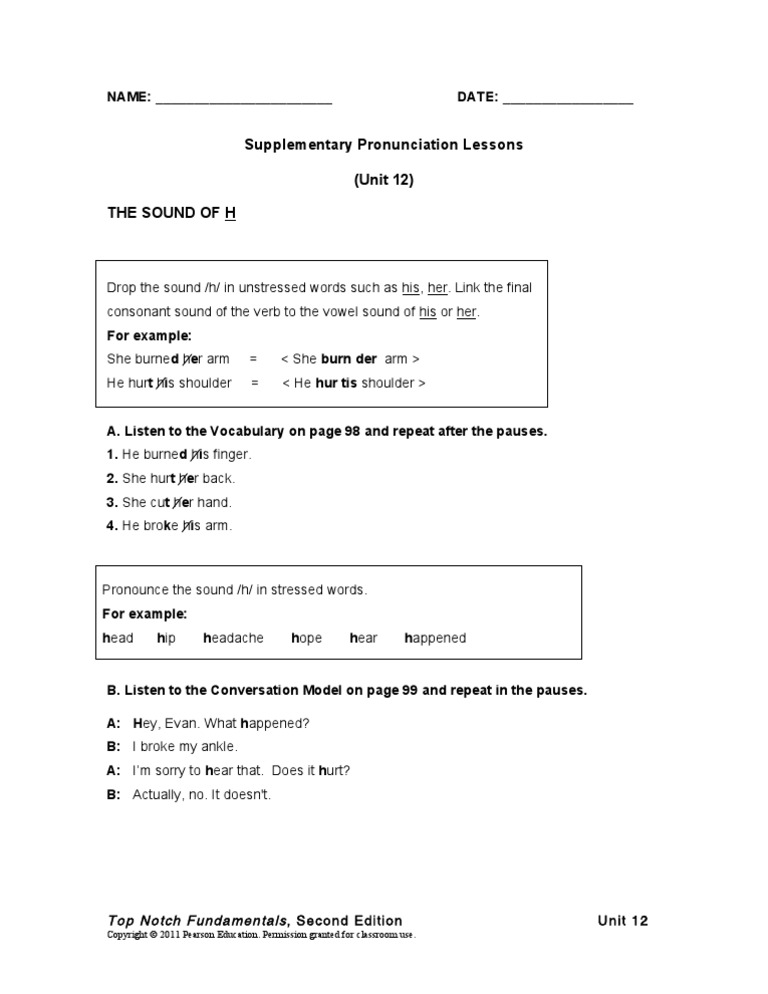 Supplementary Pronunciation Lessons (Unit 12) The Sound of H | PDF