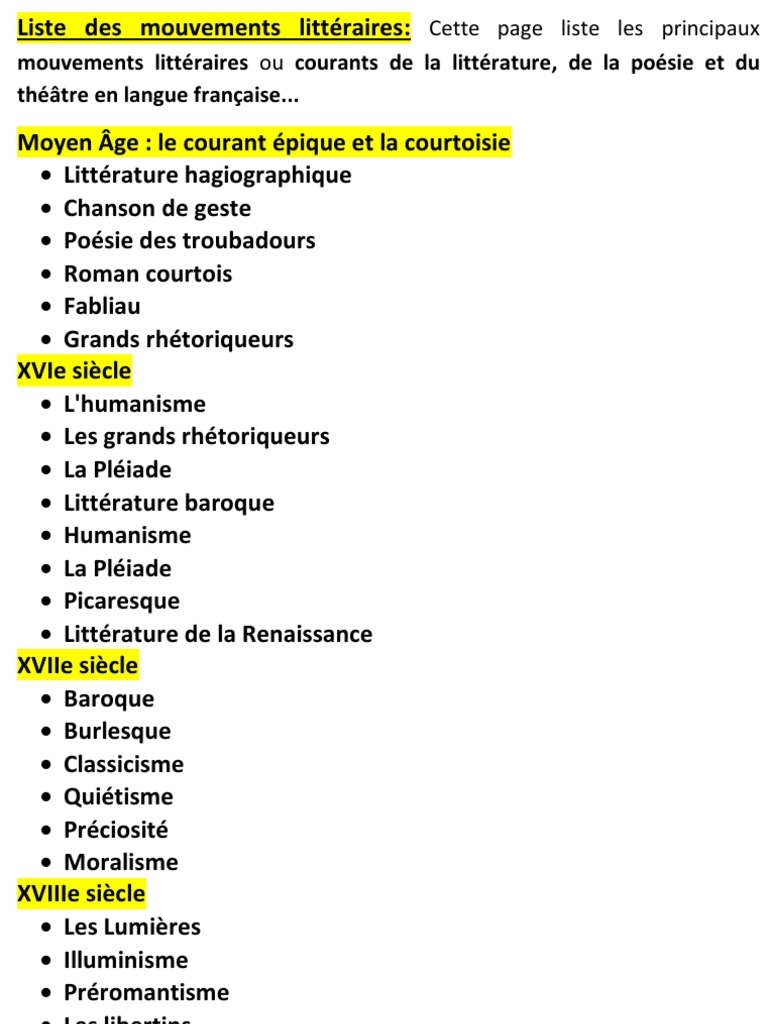 Liste des mouvements littéraires en France | PDF