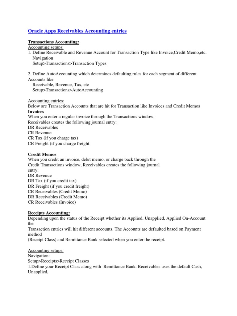 Oracle Apps Receivables Accounting Entries | PDF | Debits And Credits ...