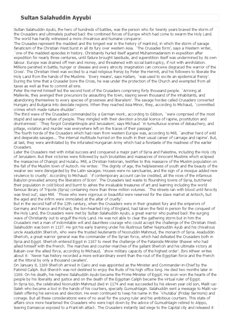 Biography of Sultan Salahuddin Ayyubi | PDF | Crusades | Acre