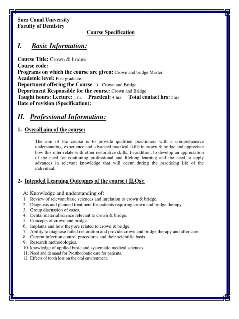 Course Specification | PDF | Dental Implant | Dentistry