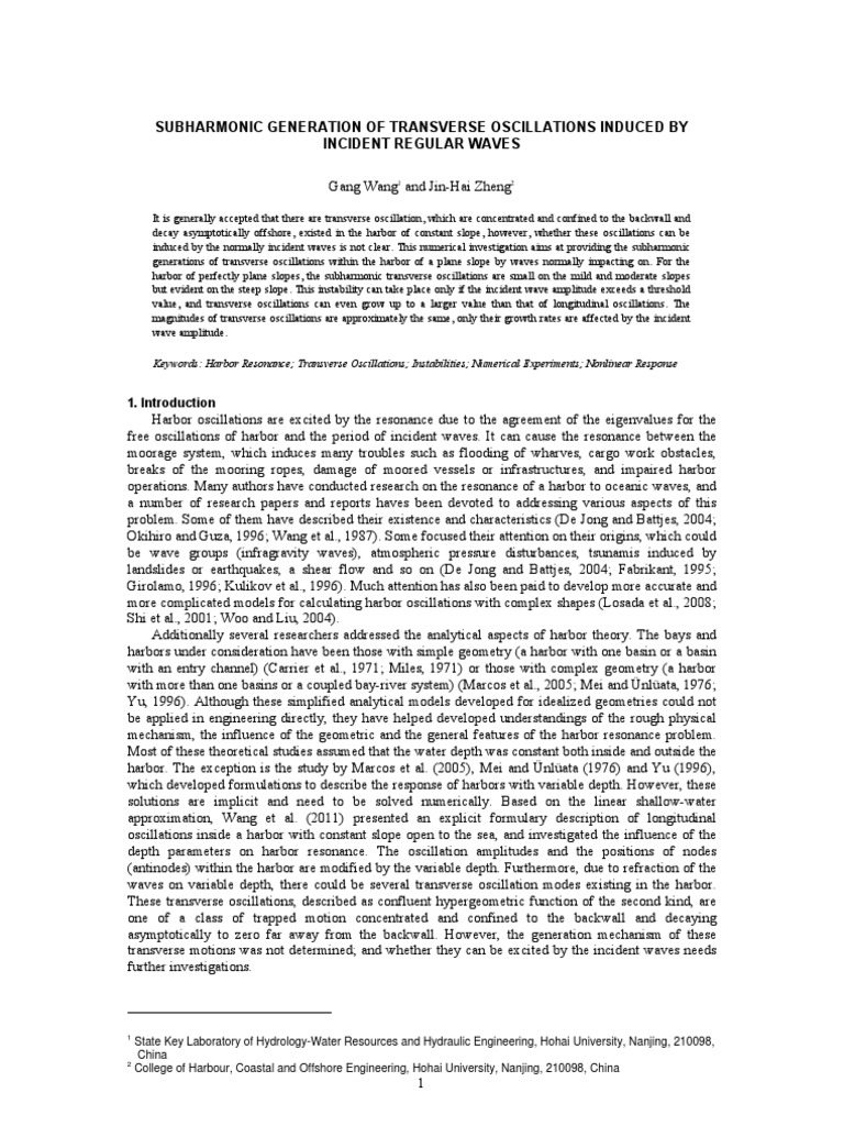 Subharmonic Generation of Transverse Oscillations Induced by Incident Regular Waves | PDF ...