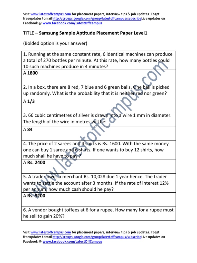 Samsung Sample Aptitude Placement Paper Level1 | PDF | Speed | Interest