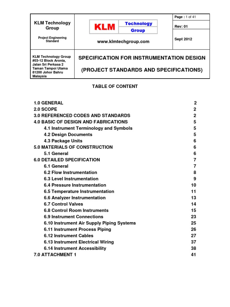 PROJECT STANDARD and SPECIFICATIONS Instrumentation Specifications ...