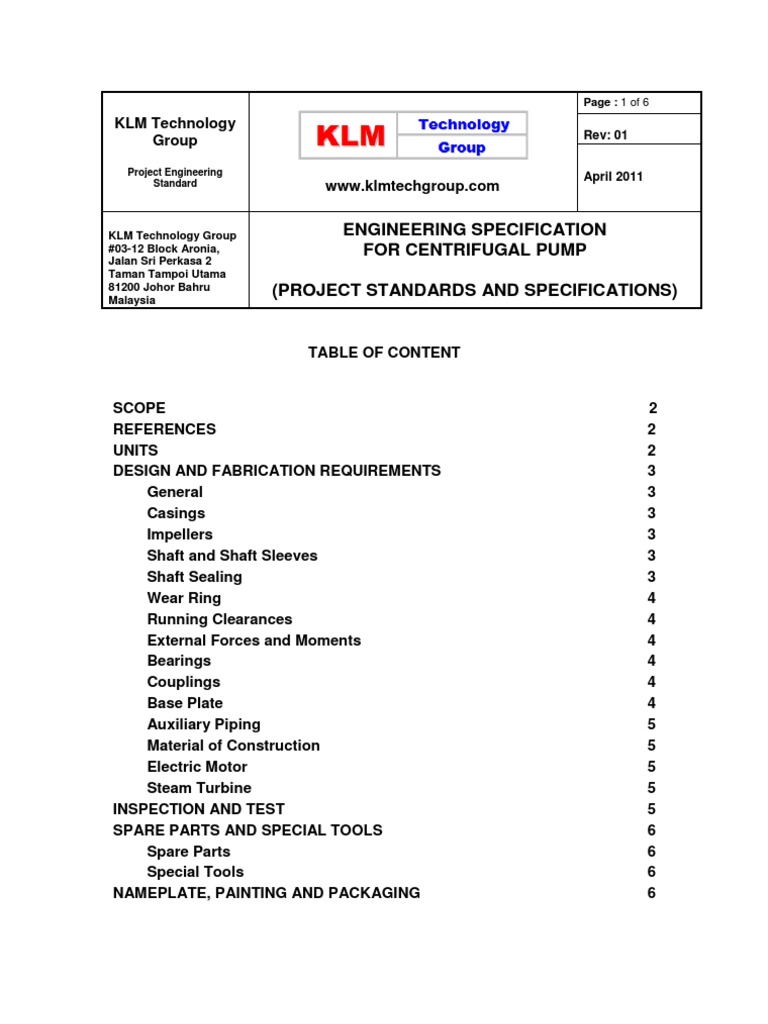 Project Standards and Specifications Centrifugal Pump Rev01 | PDF | Pump | Specification ...