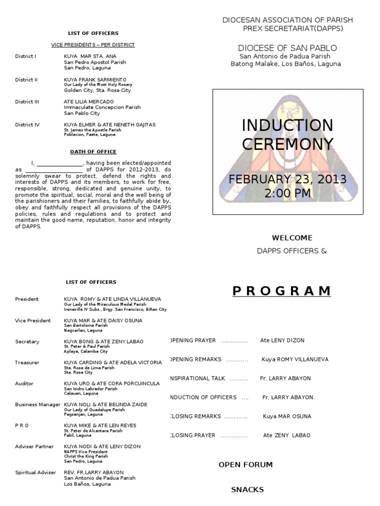 DAPPS Induction Ceremony Program 2013 | PDF | Travel | Religion ...