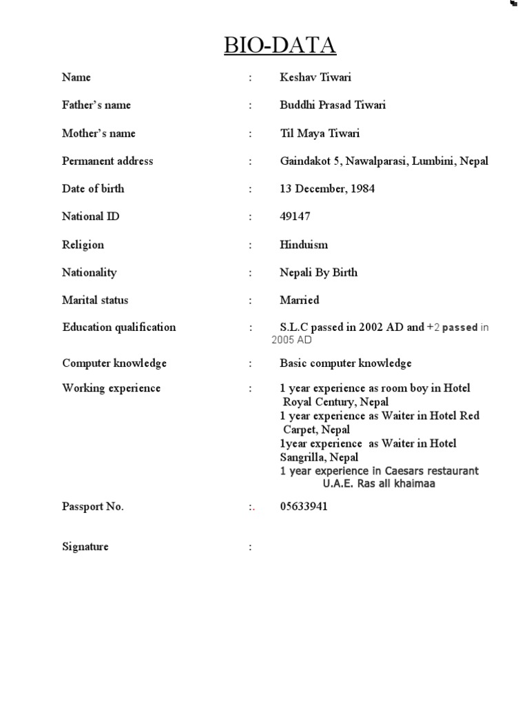 Simple Bio Data Format | PDF | Career & Growth | Wellness
