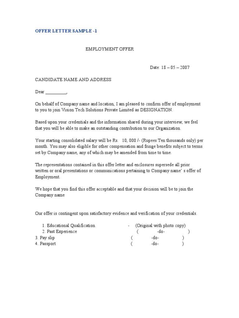 Offer Letter Sample | Employment | Salary
