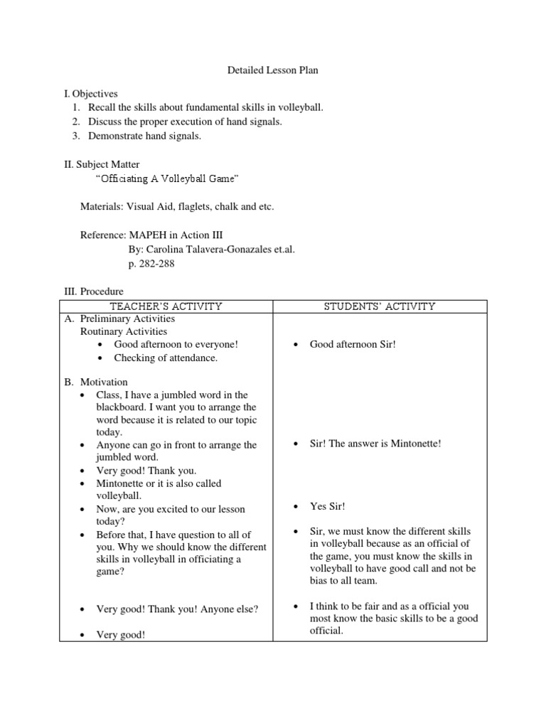 Detailed Lesson Plan | PDF | Volleyball | Lesson Plan