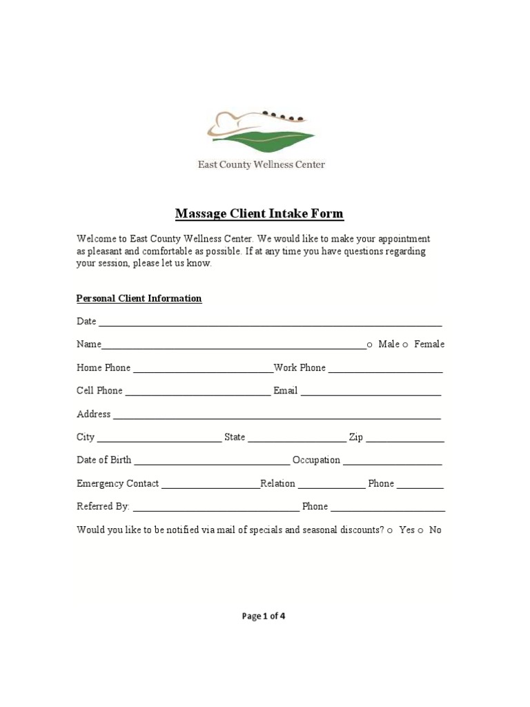 Massage Client Intake Form | PDF | Massage | Psychotherapy