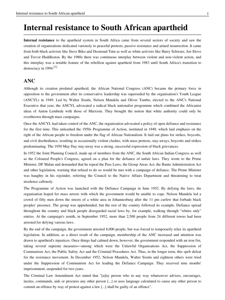 Internal Resistance to Apartheid in the 1950s | PDF | Apartheid ...