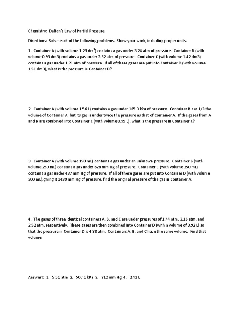 Dalton's Law Worksheet | PDF | Gases | Pressure