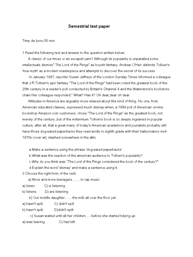 Semestrial Test Paper on Tolkien | PDF | The Lord Of The Rings | Books