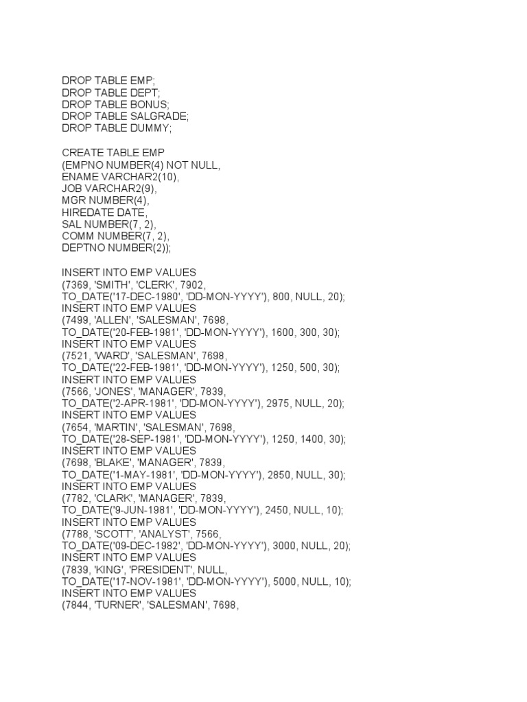 OOracle Emp Table Script | Download Free PDF | Information Retrieval | Data