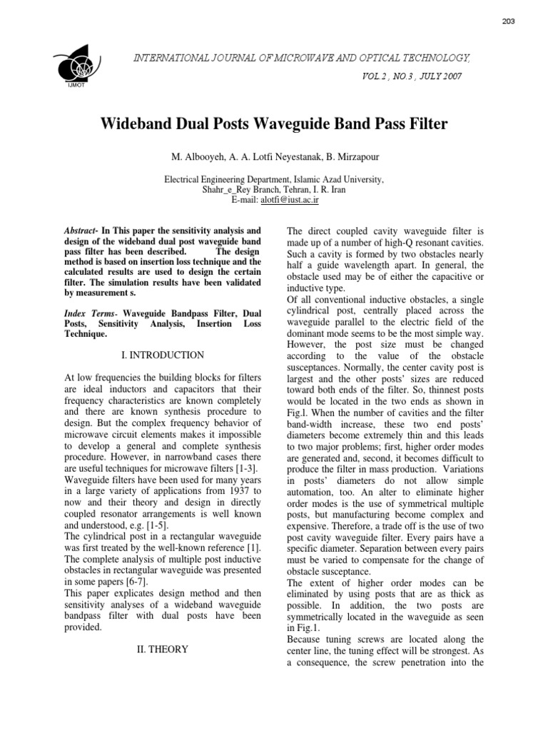 Wideband Dual Posts Waveguide Band Pass Filter | PDF | Waveguide ...