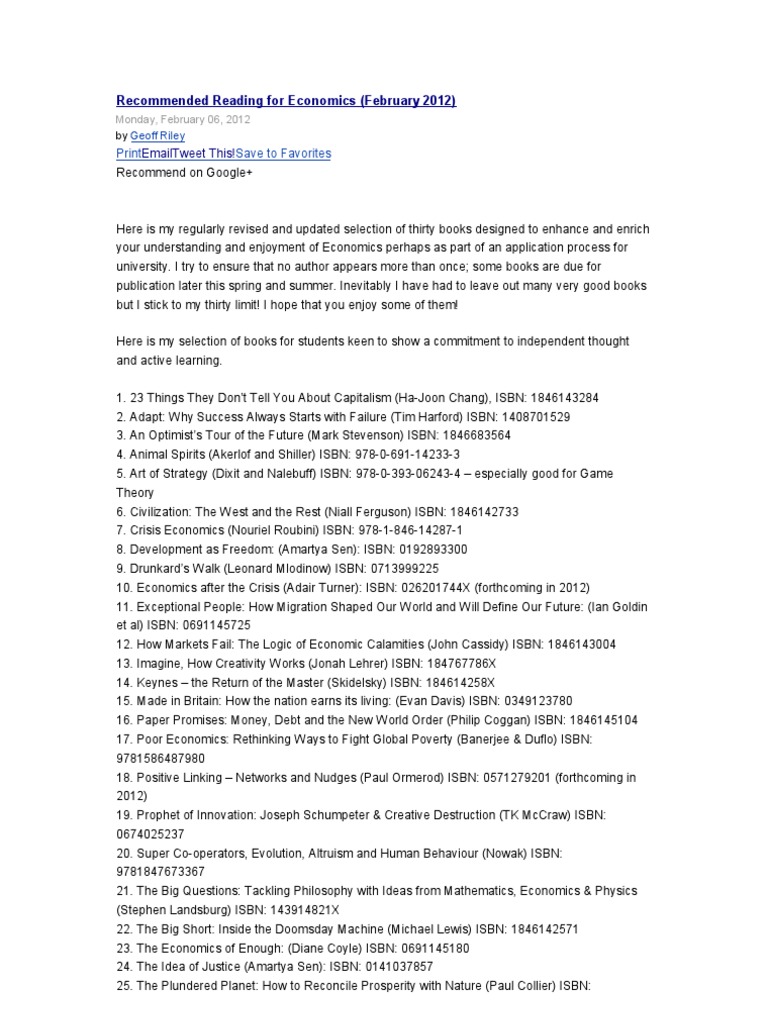 Recommended Reading For Economics | PDF | Economics | Economies